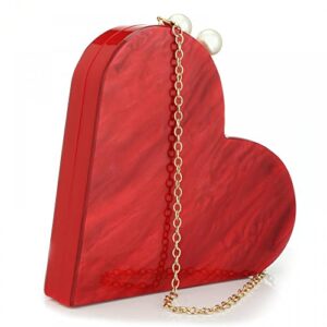 women heart shaped handbag acrylic clutch purse chic shoulder bag evening tote for party wedding (red) one size