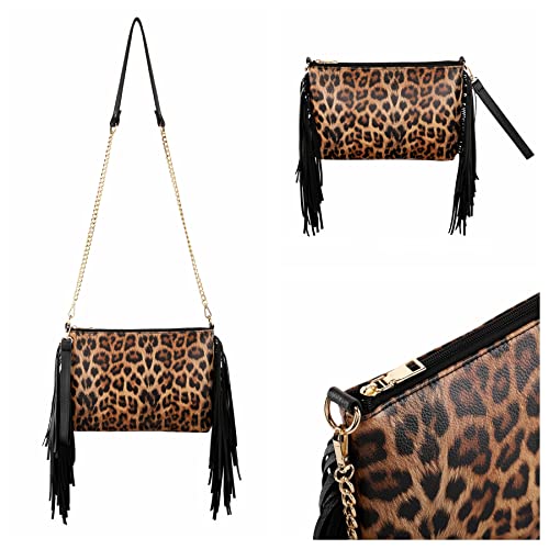 Ayliss Women Shoulder Handbag Clutch Crossbody Handbag Purse Animal Long Tassels Evening PU Leather Fashion Night Party Bag (Leopard)