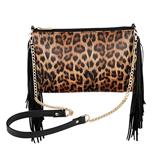 Ayliss Women Shoulder Handbag Clutch Crossbody Handbag Purse Animal Long Tassels Evening PU Leather Fashion Night Party Bag (Leopard)