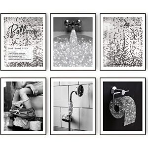 sikyucor bath wall decor funny bathroom wall art prints glam glitter tissue toilet paper artwork wall black and white silver grey modern fashion minimalist lines art decor (8″x10″ unframed)