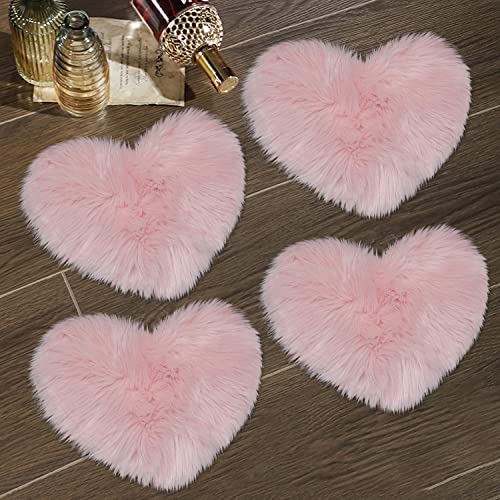 4 Pieces Heart Shaped Fluffy Faux Area Rug,Small Soft Sheepskin Long Plush Room Carpet,Shaggy Floor Mats for Home Living Room Bedroom Floor Decorative (12 x 16 Inch),Pink