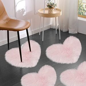 4 Pieces Heart Shaped Fluffy Faux Area Rug,Small Soft Sheepskin Long Plush Room Carpet,Shaggy Floor Mats for Home Living Room Bedroom Floor Decorative (12 x 16 Inch),Pink