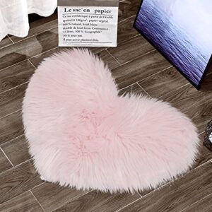 4 Pieces Heart Shaped Fluffy Faux Area Rug,Small Soft Sheepskin Long Plush Room Carpet,Shaggy Floor Mats for Home Living Room Bedroom Floor Decorative (12 x 16 Inch),Pink