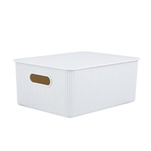 superio decorative plastic lidded home storage bins organizer baskets, large white smoke (1 pack – 15 liter) stackable container box, for organizing closet shelves drawer shelf – ribbed collection