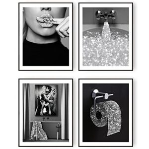 admmixoo funny bathroom decor wall art prints glam glitter tissue bathroom toilet paper artwork for wall black and white modern fashion art decor (11″x14″ unframed)