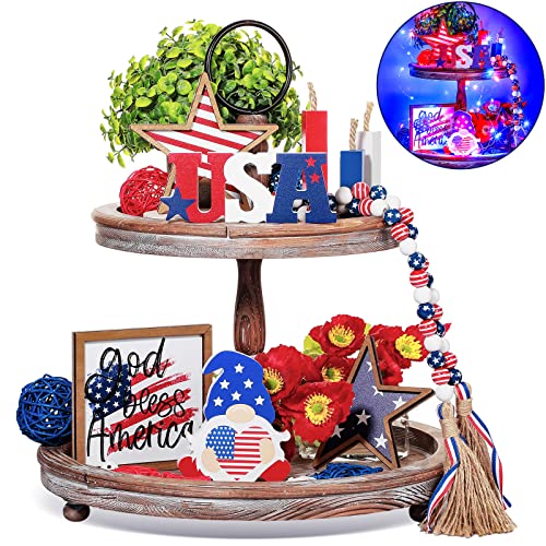 Yulejo 11 Pieces 4th of July Tiered Tray Decor with LED Lights Patriotic Wooden Signs God Bless America USA Gnome American Flag Star Independence Day Farmhouse Rustic Red White Blue Sign for Home