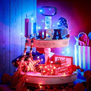 Yulejo 11 Pieces 4th of July Tiered Tray Decor with LED Lights Patriotic Wooden Signs God Bless America USA Gnome American Flag Star Independence Day Farmhouse Rustic Red White Blue Sign for Home