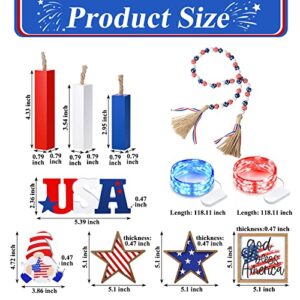 Yulejo 11 Pieces 4th of July Tiered Tray Decor with LED Lights Patriotic Wooden Signs God Bless America USA Gnome American Flag Star Independence Day Farmhouse Rustic Red White Blue Sign for Home