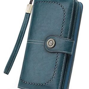 JJUQ Womens Wallet Leather Large Capacity Card Holder Zipper Wristlet Wallets for Women-peacock blue