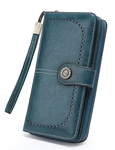 JJUQ Womens Wallet Leather Large Capacity Card Holder Zipper Wristlet Wallets for Women-peacock blue