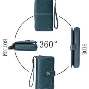 JJUQ Womens Wallet Leather Large Capacity Card Holder Zipper Wristlet Wallets for Women-peacock blue