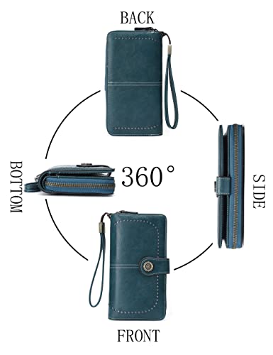 JJUQ Womens Wallet Leather Large Capacity Card Holder Zipper Wristlet Wallets for Women-peacock blue