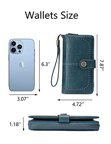 JJUQ Womens Wallet Leather Large Capacity Card Holder Zipper Wristlet Wallets for Women-peacock blue