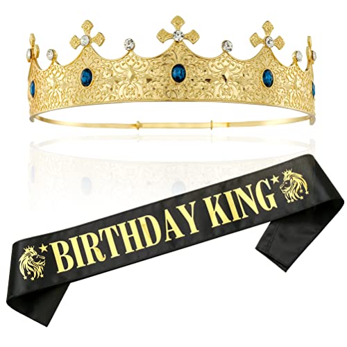 Birthday King Crown and Birthday King Sash,Birthday Gifts for Men, Birthday Crown King Birthday Party Decoration (Gold-D)