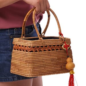 rattan woven handbag tote bag w/cucurbit & tassel accessory, chinese natural women beach purse basket for summer, mom’s gift (size : 25x15x15cm/9.8×5.9×5.9in)