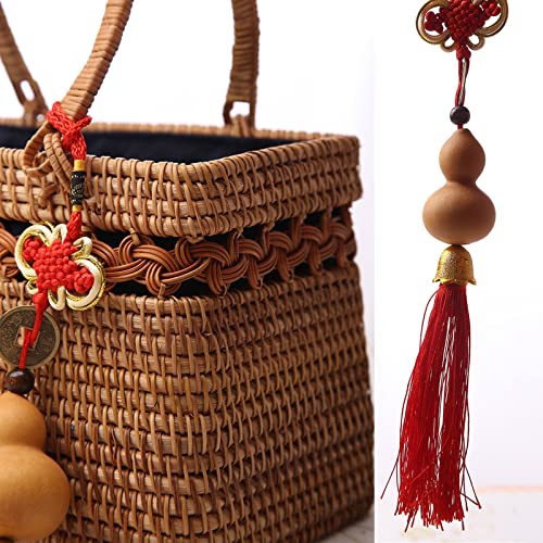 Rattan Woven Handbag Tote Bag w/Cucurbit & Tassel Accessory, Chinese Natural Women Beach Purse Basket for Summer, Mom's Gift (Size : 25x15x15cm/9.8x5.9x5.9in)