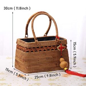 Rattan Woven Handbag Tote Bag w/Cucurbit & Tassel Accessory, Chinese Natural Women Beach Purse Basket for Summer, Mom's Gift (Size : 25x15x15cm/9.8x5.9x5.9in)