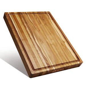 large teak wood cutting board for kitchen, reversible wooden chopping board with juice grooves and handles,ideal for chopping meat, vegetables, fruits, bread, cheese, 17×12″