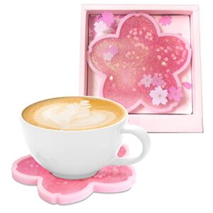 olywell sakura coasters, cherry blossom quicksand flash coaster cute quicksand glitter drink coasters non-slip insulation coasters for home decor sakura, pink, 4.72in