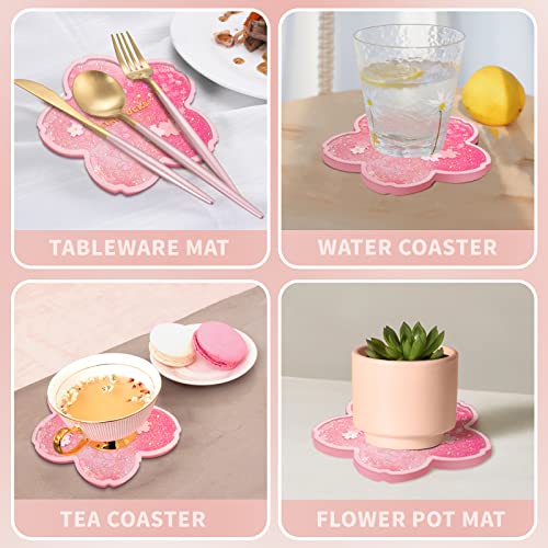 Olywell Sakura Coasters, Cherry Blossom Quicksand Flash Coaster Cute Quicksand Glitter Drink Coasters Non-Slip Insulation Coasters for Home Decor Sakura, Pink, 4.72IN