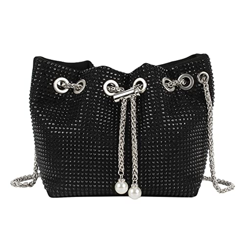 Hyuyikuwol Women Rhinestones Crystal Clutch Drawstring Bucket Bag Mini Evening Bags Crossbody Purses Pearl Pendant Party Prom Wedding Small Shoulder, Black