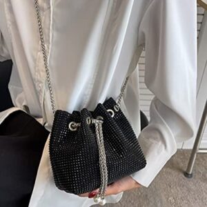 Hyuyikuwol Women Rhinestones Crystal Clutch Drawstring Bucket Bag Mini Evening Bags Crossbody Purses Pearl Pendant Party Prom Wedding Small Shoulder, Black