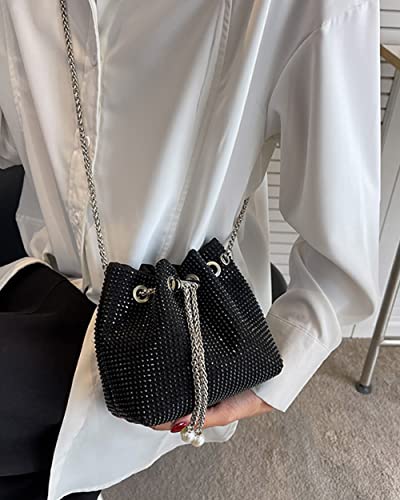 Hyuyikuwol Women Rhinestones Crystal Clutch Drawstring Bucket Bag Mini Evening Bags Crossbody Purses Pearl Pendant Party Prom Wedding Small Shoulder, Black