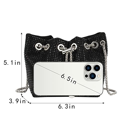 Hyuyikuwol Women Rhinestones Crystal Clutch Drawstring Bucket Bag Mini Evening Bags Crossbody Purses Pearl Pendant Party Prom Wedding Small Shoulder, Black