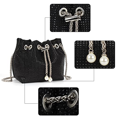 Hyuyikuwol Women Rhinestones Crystal Clutch Drawstring Bucket Bag Mini Evening Bags Crossbody Purses Pearl Pendant Party Prom Wedding Small Shoulder, Black