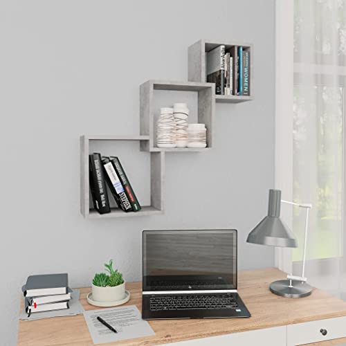 Floating Shelves, Wall Mounted 3 Cube Intersecting Storage Shelves Set, Easy-Install Display Rack for Living Room, Bedroom, Home Decor Furniture, Concrete Gray