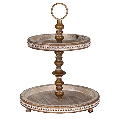 FESTWIND Two Tiered Tray Beaded- Decorative Beaded Tiered Tray - Kitchen Island Decor - Small Wooden Tiered Tray Stand for Holidays - Lovely Farmhouse Gift Rustic Brown