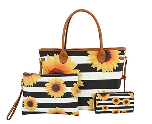 Sunflower Handbag 3 Piece Set Tote, Clutch, and Wallet - LPR0391W - MT, Black Multi Sunflower