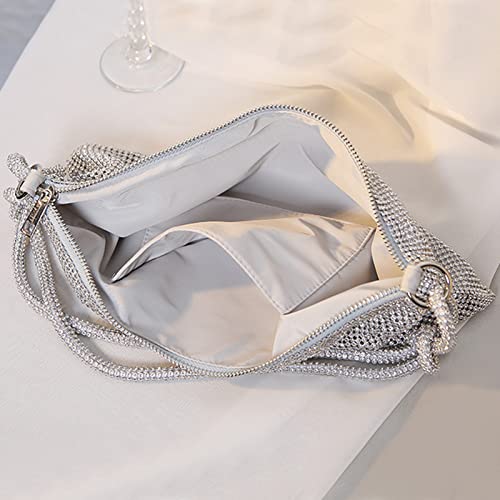 RNSUNH Rhinestone Purse for Woman Chic Dazzling Evening Handbag Sparkling Rhinestone Hobo Bag Night Purse Girls Shiny Silver Clutch Purse for Prom Party Club Wedding