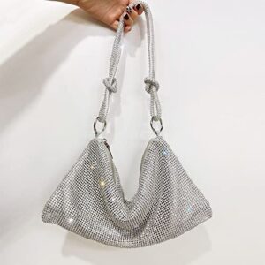 RNSUNH Rhinestone Purse for Woman Chic Dazzling Evening Handbag Sparkling Rhinestone Hobo Bag Night Purse Girls Shiny Silver Clutch Purse for Prom Party Club Wedding