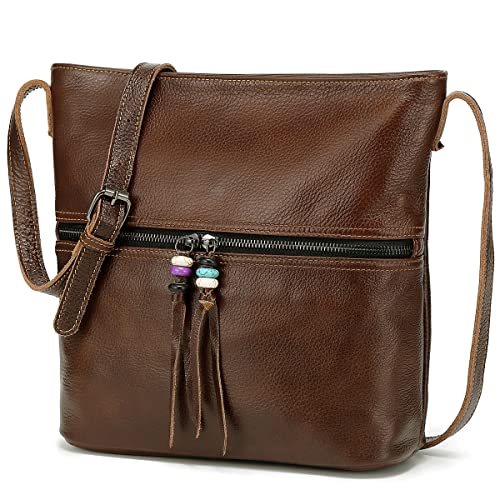 Lightweight Medium Crossbody Bag for Women, Soft Genuine Leather Lady Shoulder Handbag Hobo Bag with Zipper Pocket (Yellow Brown)