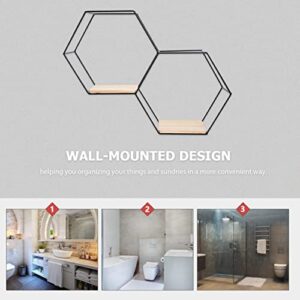 UKCOCO Home Décor Wall Mounted Hexagonal Floating Shelves, Black Metal Wire Dual Hexagon Wall Shelves for Home, Kitchen, Office Botanical Decor