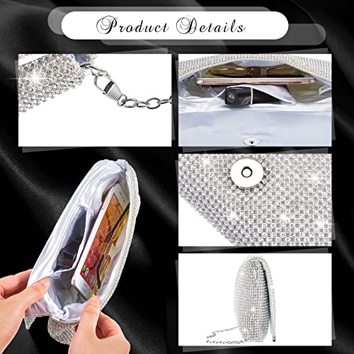 Tessco Women's Evening Bag Glitter Clutch Silver Clutch Purses for Women Evening Wedding Party Prom Purse Rhinestone Crystal Silver Clutch Bag with Detachable Chain