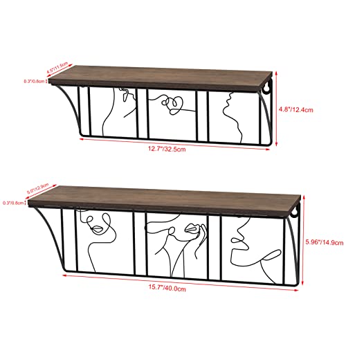 QUTREY Metal Wall Art Floating Shelves Set of 2, Minimalist Abstract Wire Portrait Line Decor Rustic Shelf for Bedroom, Living Room, Bathroom