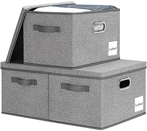 LHZK Large Storage Bins with Lids, Linen Fabric Storage Boxes with Lids for Organizing 15x11x9.6, Storage Baskets with Label & 3 Handles, Closet Storage Bins for Nursery Home Office (Grey, 3-Pack)