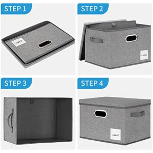 LHZK Large Storage Bins with Lids, Linen Fabric Storage Boxes with Lids for Organizing 15x11x9.6, Storage Baskets with Label & 3 Handles, Closet Storage Bins for Nursery Home Office (Grey, 3-Pack)