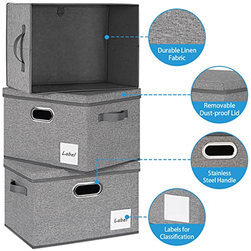 LHZK Large Storage Bins with Lids, Linen Fabric Storage Boxes with Lids for Organizing 15x11x9.6, Storage Baskets with Label & 3 Handles, Closet Storage Bins for Nursery Home Office (Grey, 3-Pack)