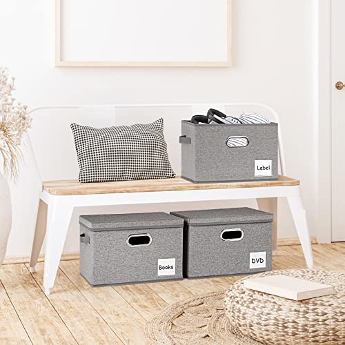 LHZK Large Storage Bins with Lids, Linen Fabric Storage Boxes with Lids for Organizing 15x11x9.6, Storage Baskets with Label & 3 Handles, Closet Storage Bins for Nursery Home Office (Grey, 3-Pack)