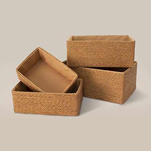 Recycled Wicker Storage Basket, Paper Rope Storage Baskets for Organizing Container Bins for Shelves Cupboards Drawer, Small Woven Basket Set of 4