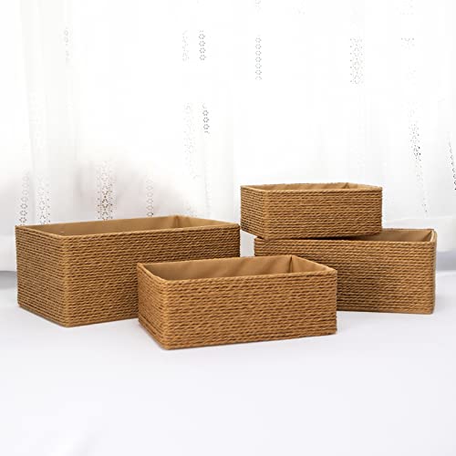 Recycled Wicker Storage Basket, Paper Rope Storage Baskets for Organizing Container Bins for Shelves Cupboards Drawer, Small Woven Basket Set of 4