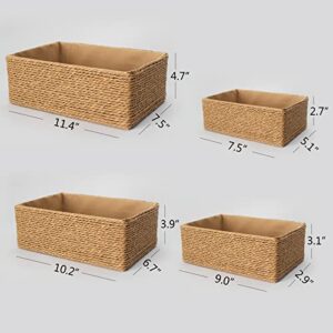 Recycled Wicker Storage Basket, Paper Rope Storage Baskets for Organizing Container Bins for Shelves Cupboards Drawer, Small Woven Basket Set of 4