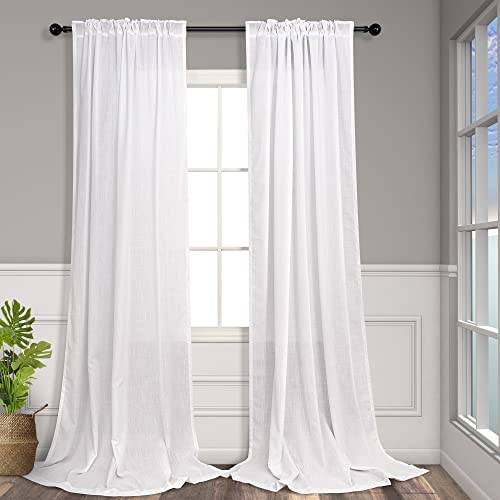 White Linen Curtains 108 Inches Long for Living Room 2 Panels Set Back Tab Drapes Semi Sheer Cotton Textured High Ceiling to Floor Curtains for Patio Stunning Bohemian Urban Industrial Farmhouse 9 FT