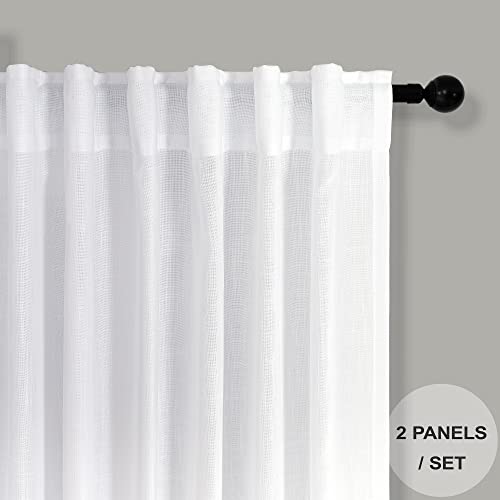 White Linen Curtains 108 Inches Long for Living Room 2 Panels Set Back Tab Drapes Semi Sheer Cotton Textured High Ceiling to Floor Curtains for Patio Stunning Bohemian Urban Industrial Farmhouse 9 FT