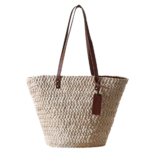 YFQHDD Summer Straw Bags Women Handmade Woven Basket Shoulder Bags Beach Travel Large Capacity Tote Bags (Color : Photo Color, Size : One Size)