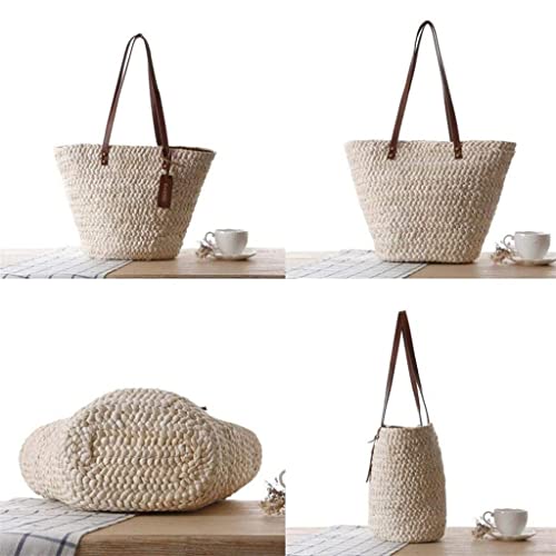 YFQHDD Summer Straw Bags Women Handmade Woven Basket Shoulder Bags Beach Travel Large Capacity Tote Bags (Color : Photo Color, Size : One Size)