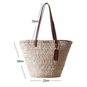 YFQHDD Summer Straw Bags Women Handmade Woven Basket Shoulder Bags Beach Travel Large Capacity Tote Bags (Color : Photo Color, Size : One Size)